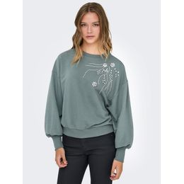 Sweatshirt Only "ONLCAMELA BROOKE GLITTER LS ONECK UB SWT", Damen, Gr. XL, balsam gr&uuml;n detail:chest deco, Sweatware, Obermaterial: 60% Baumwolle, 40% Polyester, unifarben, regular fit normal, Rundhals, Sweatshirts Sweatshirt, Baumwollmischung, regular fit, Rundhals