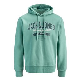 Jack & Jones PlusSize Hoodie "JJELOGO SWEAT HOOD 2 COL 24/25 NOOS PLS", Herren, Gr. 5XL, mineral blau, angeraute Sweatware, Obermaterial: 70% Baumwolle, 30% Polyester, JACK & JONES PLUSSIZE, regular fit normal, ohne Ausschnitt, Rippb&uuml;ndchen, Sweatshirts Hoodie, mit Logo Frontprint