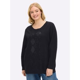 sheego Damen Pullover mit Rautenmuster und Glitzersteinchen, schwarz, Gr&ouml;&szlig;e 56/58