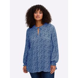 sheego Gro&szlig;e Gr&ouml;&szlig;en Tunika mit Bl&uuml;tenprint und Smok-Details, jeansblau-gemustert, Gr&ouml;&szlig;e 54 - Damen