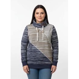 sheego Gro&szlig;e Gr&ouml;&szlig;en Sweatshirt mit elastischen B&uuml;ndchen, dunkelblau-ecru-bedruckt, Gr&ouml;&szlig;e 48 - Damen