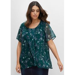 sheego Damen 2-in-1-Shirt aus Chiffon, mit Schlitz vorn, tiefgr&uuml;n-bedruckt, Gr&ouml;&szlig;e 48/50