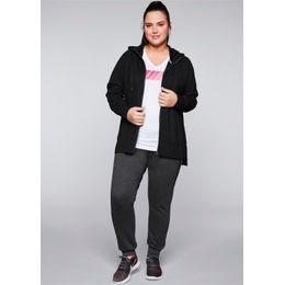 sheego Gro&szlig;e Gr&ouml;&szlig;en Kapuzensweatjacke mit K&auml;ngurutaschen, schwarz, Gr&ouml;&szlig;e 44/46 - Damen