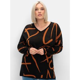 sheego Gro&szlig;e Gr&ouml;&szlig;en Longpullover mit Seitenschlitzen, schwarz-cognac-gemustert, Gr&ouml;&szlig;e 52 - Damen