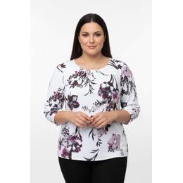 sheego Gro&szlig;e Gr&ouml;&szlig;en 3/4-Arm-Shirt mit elastischen Abschl&uuml;ssen, wei&szlig;-magenta-bedruckt, Gr&ouml;&szlig;e 54 - Damen