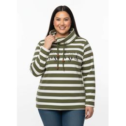 sheego Gro&szlig;e Gr&ouml;&szlig;en Sweatshirt mit elastischem Saum, oliv-ecru-geringelt, Gr&ouml;&szlig;e 52 - Damen