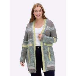 sheego Gro&szlig;e Gr&ouml;&szlig;en Longstrickjacke im Jacquard-Muster-Mix, kalkmint-grau-gemustert, Gr&ouml;&szlig;e 52 - Damen
