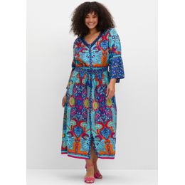 sheego by Joe Browns sheego Gro&szlig;e Gr&ouml;&szlig;en Maxikleid im Boho-Stil, mit Taillen-Smokbund, blau gemustert, Gr&ouml;&szlig;e 44 - Damen