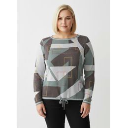 sheego Gro&szlig;e Gr&ouml;&szlig;en Pullover mit Bindeband am Saum, ecru-graphit-gemustert, Gr&ouml;&szlig;e 52 - Damen