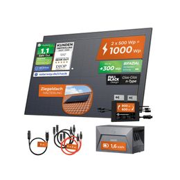 Solarway&reg; 1000W Balkonkraftwerk mit Speicher 800W komplett Steckdose - neuester 800 Watt Wechselrichter - 1,6 kWh Anker Solix 1 - 500W bifaziale Solarmodule & Envertech & Anker