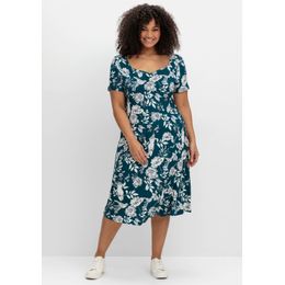 sheego by Joe Browns Damen Jerseykleid mit Blumendruck und Herzausschnitt, dunkelpetrol-gemustert, Gr&ouml;&szlig;e 48