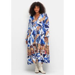 sheego loves miss goodlife Damen Stufenkleid mit Ballon&auml;rmeln und V-Ausschnitt, blau bedruckt, Gr&ouml;&szlig;e 40