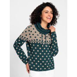 WITT Damen Jacquard-Pullover im Tupfenmuster, petrol-beige-meliert, Gr&ouml;&szlig;e 36