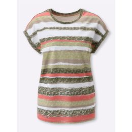 WITT Damen T-Shirt aus Baumwolle, gestreift, oliv-koralle-geringelt, Gr&ouml;&szlig;e 48