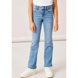 Bootcut-Jeans name it "NKFPOLLY SKINNY BOOT JEANS 1142-AU NOOS", M&auml;dchen, Gr. 122, N-Gr, blau (medium blau denim), Denim/Jeans, Obermaterial: 69% Baumwolle, 25% Polyester, 3% Elasthan, 3% Viskose, unifarben, skinny fit kn&ouml;chellang, Jeans, mit Stretch