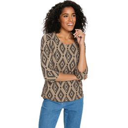 Damen 3/4-Arm-Shirt aus reiner Baumwolle, bedruckt beige-schwarz-bedruckt, Gr&ouml;&szlig;e 38