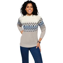 Damen Langarm-Pullover mit Norweger-Muster hellgrau-eisblau-gemustert, Gr&ouml;&szlig;e 46