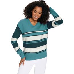 Damen Langarm-Pullover mit platziertem Streifen-Muster ozean-petrol-gemustert, Gr&ouml;&szlig;e 48