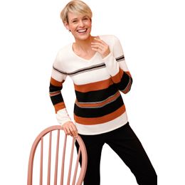 Damen V-Ausschnitt-Pullover champagner-schwarz-geringelt, Gr&ouml;&szlig;e 54