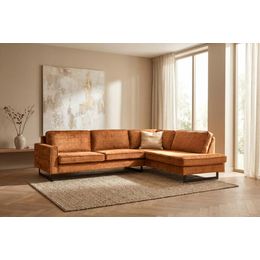 Ecksofa Home Affaire "Pinto, 290 cm, Cord, Chenille, Lederoptik, Ottomane links / rechts", brick rot, B:290cm H:85cm T:217cm, 100% Polyester, Sofas, Ecksofa, mit Keder, schwarze Metallf&uuml;&szlig;e, Wellenunterfederung