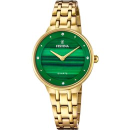 Festina Damen Quarzuhr "Mademoiselle"goldfarben, gr&uuml;n, Armbanduhren, Armbanduhr, Damenuhr, Edelstahlarmband, analog, Zirkonia (synth.)