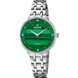 Festina Damen Quarzuhr "Mademoiselle"silberfarben, gr&uuml;n, Armbanduhren, Armbanduhr, Damenuhr, Edelstahlarmband, analog, Zirkonia (synth.)