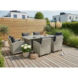 Garten-Essgruppe Konifera "Amsterdam", grau,, Polyrattan, Stahl, Sitzm&ouml;bel-Sets, bestehend aus 6 Sesseln, 12 Sitz- und R&uuml;ckenkissen und 1 Tisch