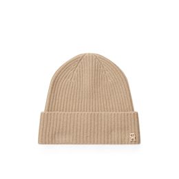Tommy Hilfiger Damen Beanie "TH CASHMERE", beige, Rippstrick, Kaschmir, M&uuml;tzen, aus Rippstrick, Umschlag