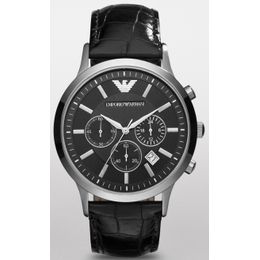 Emporio Armani Damen Chronograph, schwarz, Armbanduhren, Quarzuhr, Armbanduhr, Herren, Stoppfunktion, Datum, Lederarmband