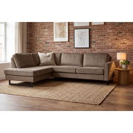 Ecksofa Home Affaire "Pinto, 290 cm, Cord, Chenille, Lederoptik, Ottomane links / rechts", braun, B:290cm H:85cm T:217cm, 100% Polyester, Sofas, Ecksofa, mit Keder, schwarze Metallf&uuml;&szlig;e, Wellenunterfederung