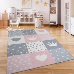 Kinderteppich Paco Home, B:160cm H:12mm L:220cm, pink, Polyester, Teppiche, "Eliz 391", Kurzflor, Spielteppich, Patchwork-Muster, Motiv Krone, Herz &