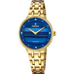 Festina Damen Quarzuhr "Mademoiselle"goldfarben, blau, Armbanduhren, Armbanduhr, Damenuhr, Edelstahlarmband, analog, Zirkonia (synth.)
