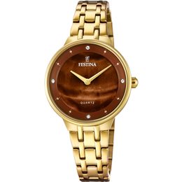 Festina Damen Quarzuhr "Mademoiselle"goldfarben, braun, Armbanduhren, Armbanduhr, Damenuhr, Edelstahlarmband, analog, Zirkonia (synth.)