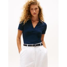 Tommy Hilfiger Damen Poloshirt "1985 TIPPING SLIM OPEN SS POLO", blau, Gr. S, unifarben, Single Jersey, Obermaterial: 96% Baumwolle, 4% Elasthan,