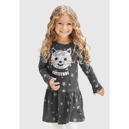 Kidsworld M&auml;dchen Jerseykleid "Kleid mit Pailletten", grau, Gr. 128, bedruckt, Jersey, Obermaterial: 57% Baumwolle, 38% Polyester, 5% Elasthan,