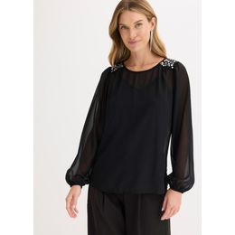 bonprix Chiffonbluse mit Strasssteinverzierung, schwarz, Gr.38, Modern und feminin: Bluse aus feinem Chiffon mit Strasssteinverzierung an den Schultern