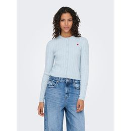 Only Damen Strickjacke "ONLKATIA LS CABLE BUTTON CARDIGAN CC KNT"cashmere blau detail:mel, true rot heart emb, dtm button, Gr. XL, unifarben, Strick,