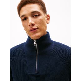 Tommy Hilfiger Herren Troyer "FISHERMAN RIB ZIP MOCK", blau, Gr. L, Strick, Obermaterial: 45% Polyamid, 30% Baumwolle, 25% Wolle, Pullover, relaxed