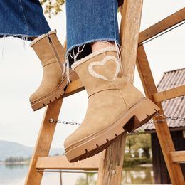 Marco Tozzi Damen Winterboots, Gr. 37beige, Lederimitat, used, Basic, Schuhe, Blockabsatz, Stiefelette mit Teddy-Herzapplikation an der Seite