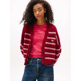 Tommy Jeans Damen Strickjacke "TJW BADGE STRIPE FLUFF CARDI EXT"ruby rhubarb, stripe, Gr. S, gestreift, Strick, Obermaterial: 69% Polyacryl, 23%