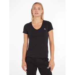 Damen V-Shirt "CK EMBROIDERY STRETCH V-NECK", schwarz, Basic, Gr. XS, Calvin Klein Jeans, bestickt, unifarben, Jersey, Obermaterial: 94% Baumwolle,