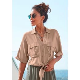 Lascana Damen Kurzarmbluse, braun, Gr. 36, unifarben, Web, Obermaterial: 100% Viskose, Blusen, mit Knotendetail und Knopfleiste, Hemdkragen,