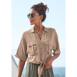 Lascana Damen Kurzarmbluse, braun, Gr. 46, unifarben, Web, Obermaterial: 100% Viskose, Blusen, mit Knotendetail und Knopfleiste, Hemdkragen,