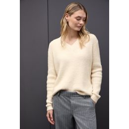 Street One Damen V-Ausschnitt-Pullover, beige, Gr. 46, unifarben, Strick, Obermaterial: 55% Polyester, 45% Baumwolle, Pullover, mit Rippb&uuml;ndchen