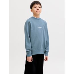 Jack & Jones Sweatshirt JACK & JONES JUNIOR "JJESOHO SWEAT CREW NECK SN JNR", Jungen, Gr. 140, blau (blau mirage), angeraute Sweatware, Obermaterial: 80% Baumwolle, 20% Polyester, bedruckt, relaxed fit normal, Rundhals, Rippb&uuml;ndchen, Sweatshirts Sweatshirt