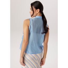 Damen Blusentop, blau, Gr. 44, Aniston SELECTED, unifarben, Web, Obermaterial: 85% Lyocell, 15% Polyester, Blusen, kleiner Stehkragen und l&auml;ngs
