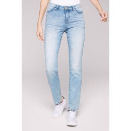 SOCCX Damen Regular-fit-Jeans, blau, Gr. 34, Abriebeffekte, Sweatware, Material: 68% Baumwolle, 16% Polyester, 14% Lyocell, 2% Elasthan, Zusatz: