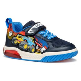 Geox Damen Sneaker "J INEK BOY Blinkschuh", Gr. 35, blau, Synthetik, Textil, Schuhe, Kindergartenschuh, Klettschuh mit Fahrzeug Motiv