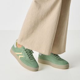Tamaris Damen Plateausneaker, Gr. 38mint, neongr&uuml;n, Glattleder, Veloursleder, Fischgratmuster, unifarben mit Farbeinsatz, Schuhe, Freizeitschuh,
