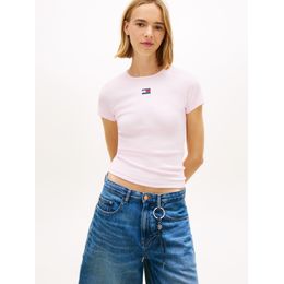 Tommy Jeans Damen Kurzarmshirt "TJW SLIM BADGE RIB TEE"pearly pink, Gr. XS, unifarben, Single Jersey, Obermaterial: 95% Baumwolle, 5% Elasthan,
